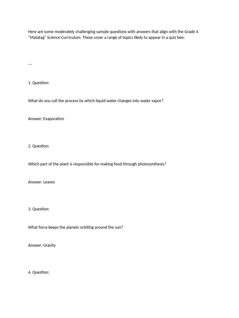 Grade 4 Science Quiz Bee Questions | PDF
