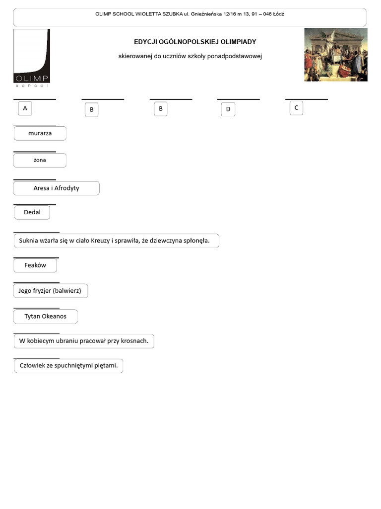 KLUCZ ODPOWIEDZI OLIMPIADA MITOLOGIA GRECKA I RZYMSKA SZKOA REDNIA Listopad 2023 | PDF