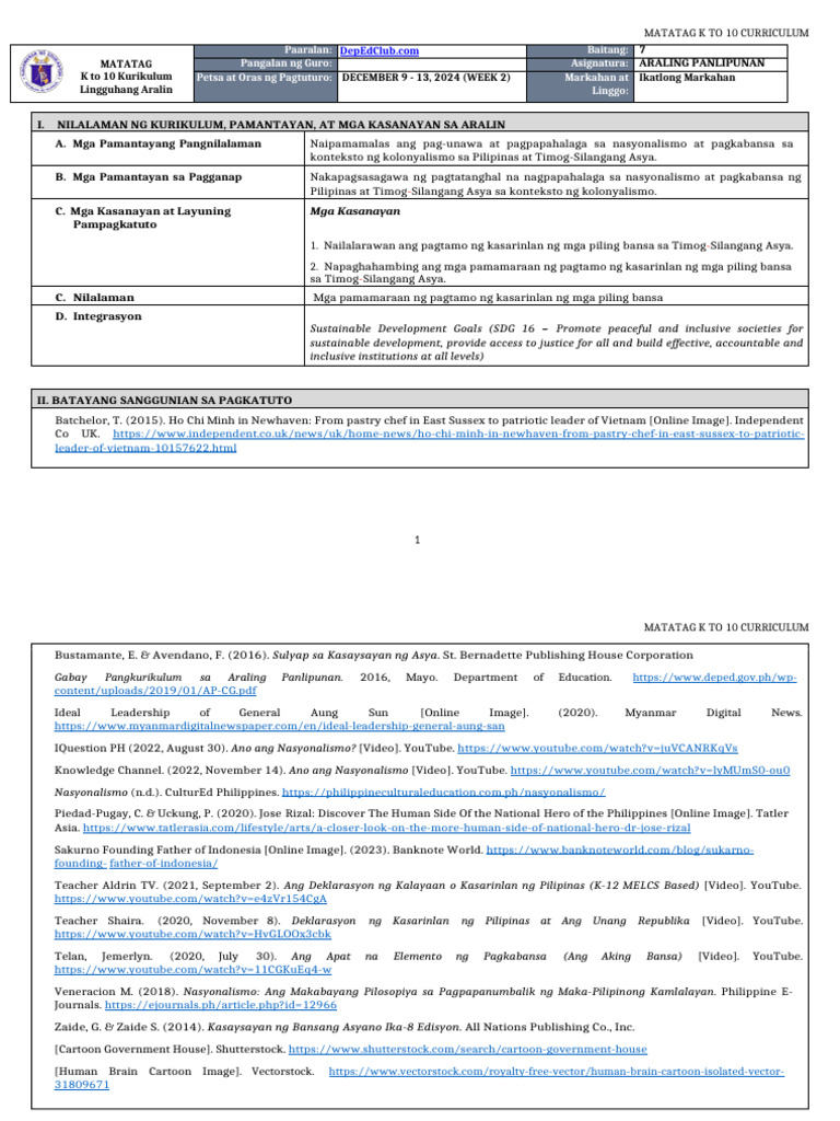 DLL Matatag - Araling Panlipunan 7 Q3 W2 | PDF