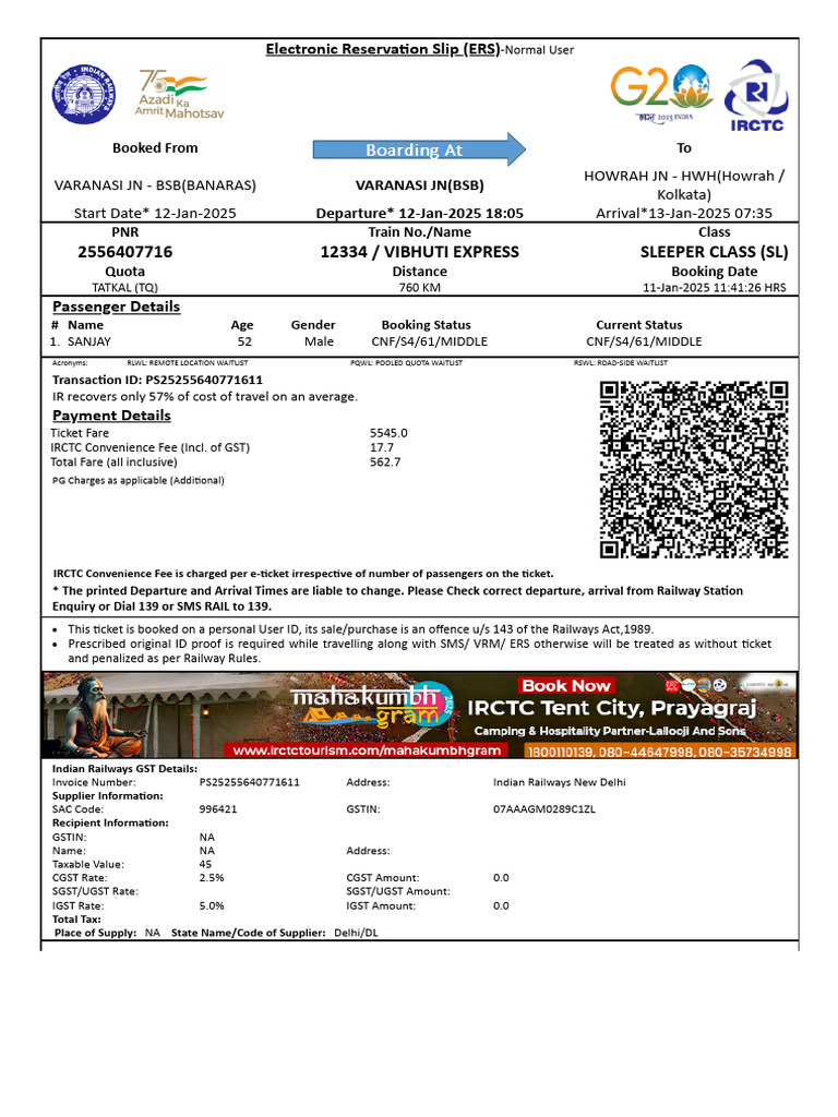 Indian Railways E-Ticket Booking Details | PDF | Identity Document ...
