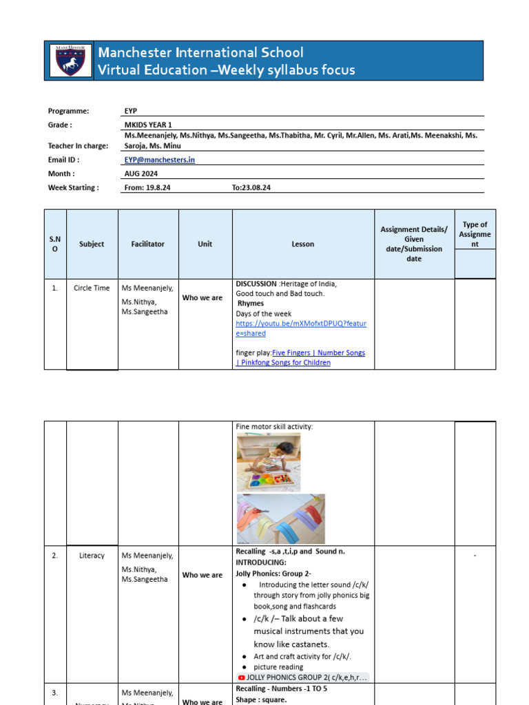 Aug Week 4 - Mkids Year 1 Weekly Syllabus 2024-25 | PDF | Phonics ...