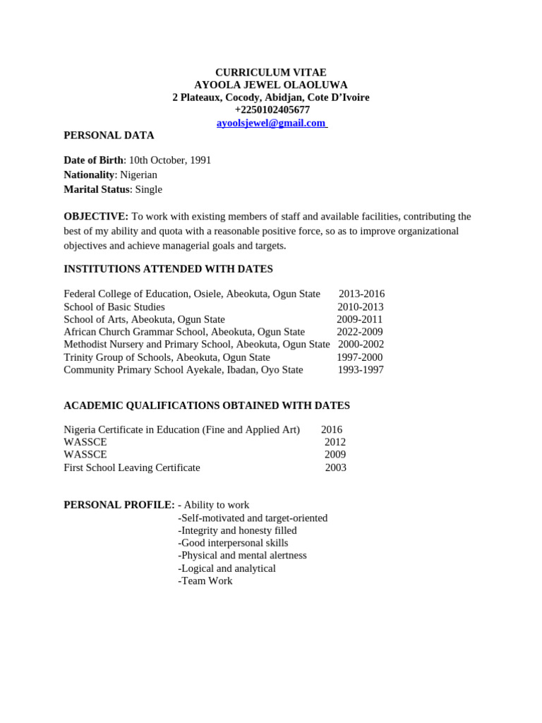 CURRICULUM VITAE FOR AYOOLA JEWEL OLAOLUWA | PDF | Teachers