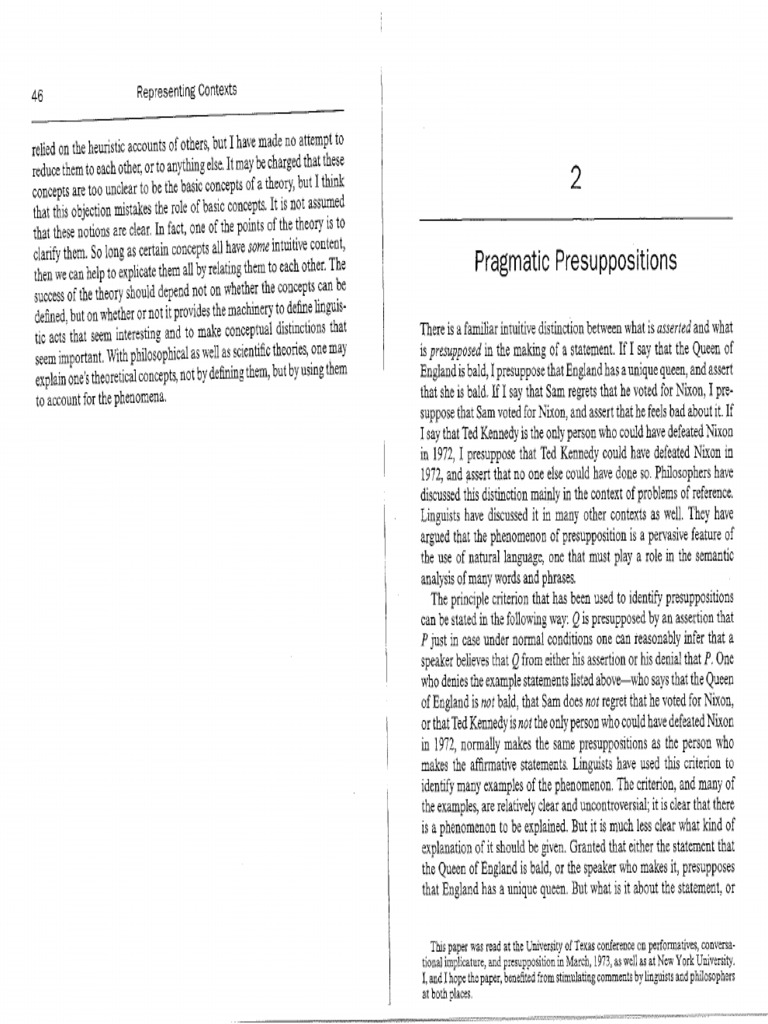 (Stalnaker) Pragmatic Presuppositions | PDF