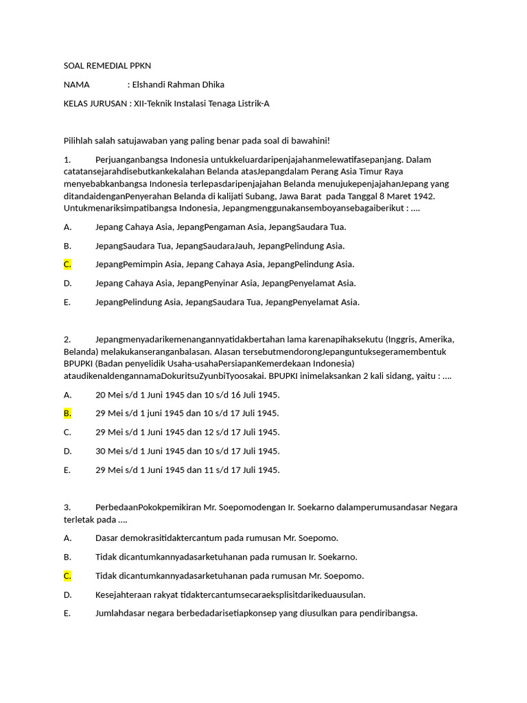 ELSHANDI SOAL REMEDIAL PPKN GANJIL 2024 | PDF