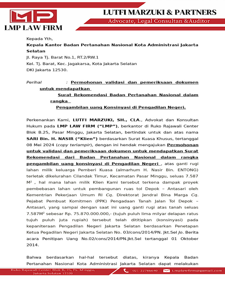 Contoh Surat Permohonan Validasi BPN Jaksel | PDF