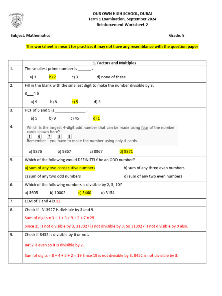 Math Reinforcement Worksheet Answers | PDF | Discrete Mathematics | Numbers