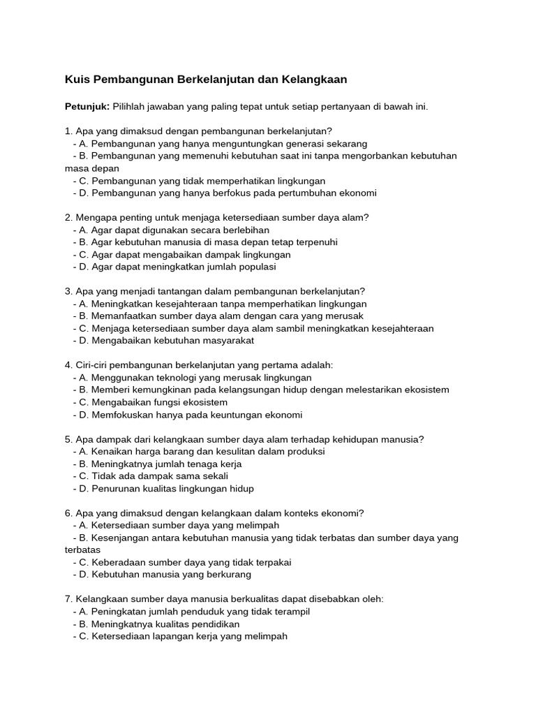 Kuis Pembangunan Berkelanjutan Dan Kelangkaan | PDF