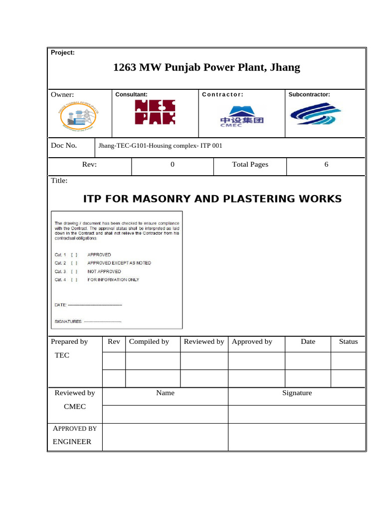 ITP For Masonry and Plastring Work Housig Complex | PDF | Masonry ...