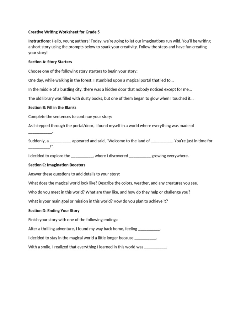 Grade 5 Creative Writing Worksheet | PDF