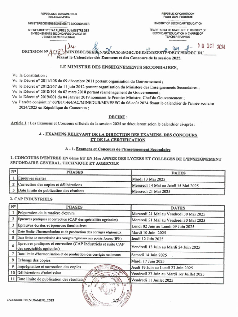 Calendrier Des Examens Et Concours Officiels 2025 | PDF