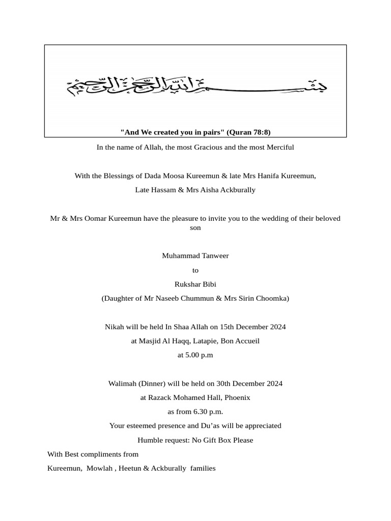 Muhammad Tanweer & Rukshar Bibi Wedding Invitation | PDF