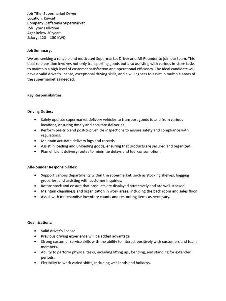 Supermarket Driver & All-Rounder Job in Kuwait | PDF