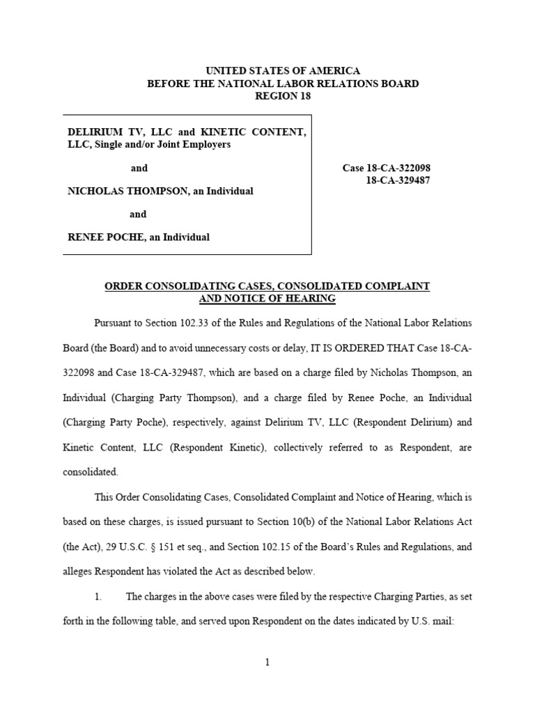 Nlrb Complaint 1 Pdf Employment Indemnity