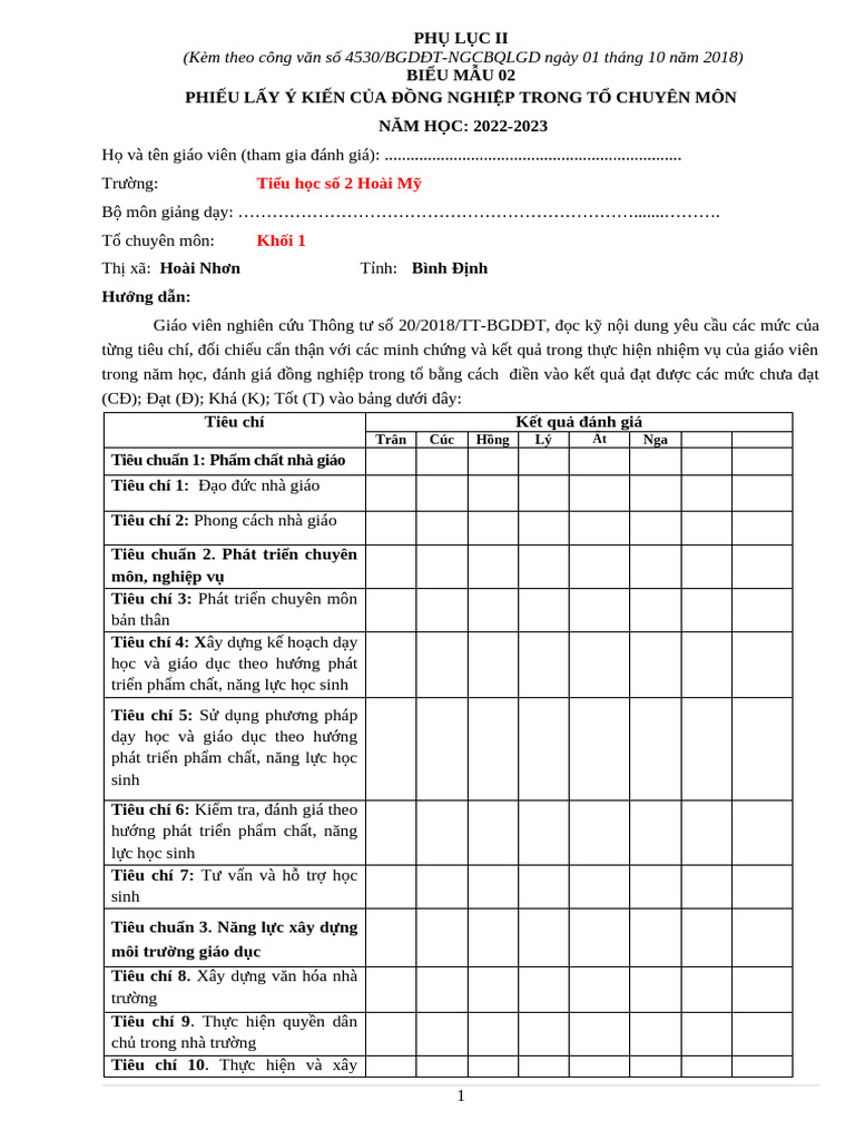 PLII-BM2 PHIẾU LẤY Ý KIẾN CỦA ĐỒNG NGHIỆP TRONG TỔ CHUYÊN MÔN | PDF