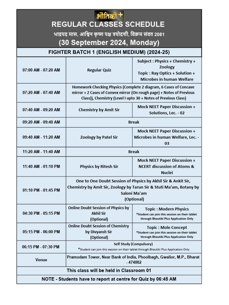 Regular Classes Schedule Fighter Batch 1 (30!09!2024) | PDF | Atomic ...