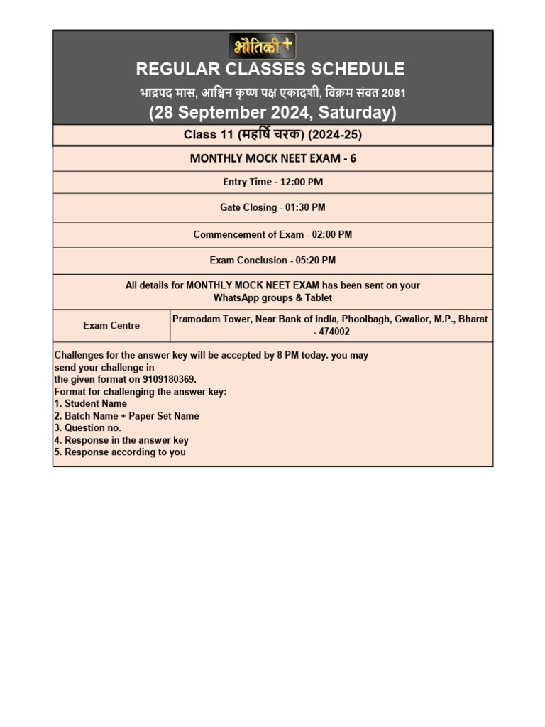 Regular Classes Schedule (28!09!2024) | PDF | Schools | Standardized Tests