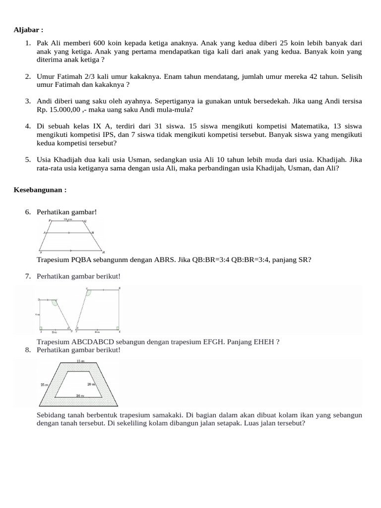 Soal Aljabar dan Kesebangunan Tanah | PDF