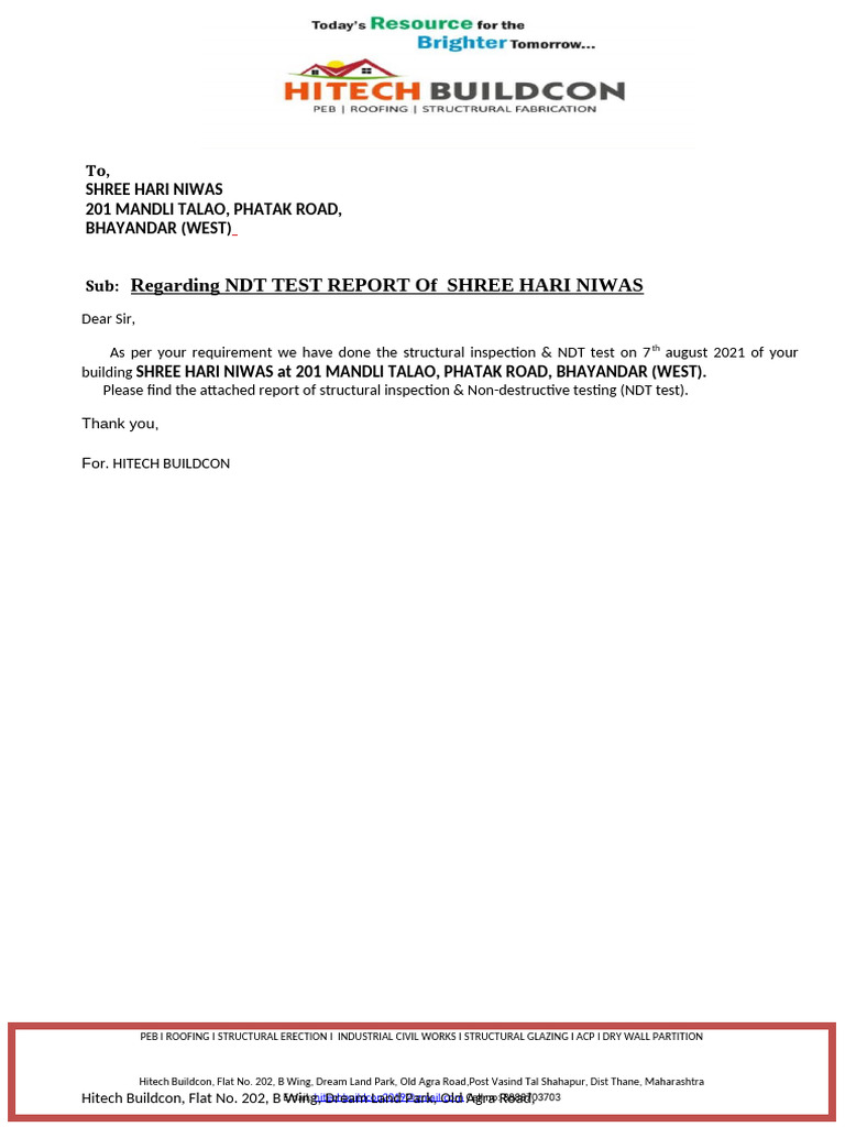 NDT Test Report for Shree Hari Niwas | PDF