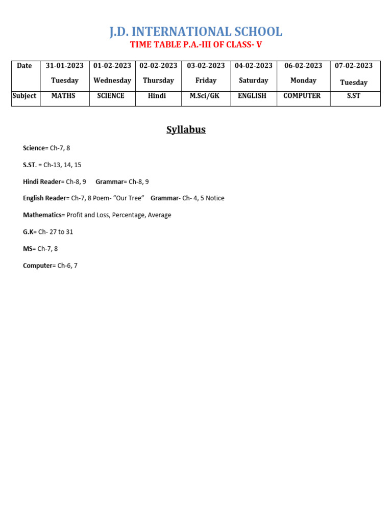 5th Class PA - 3 Time Table 2023 | PDF