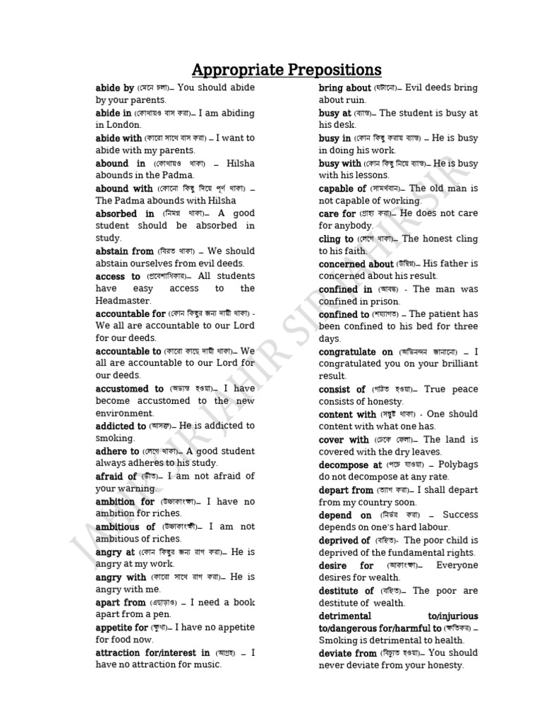 Important Appropriate Preposition by Jahir Sir | PDF