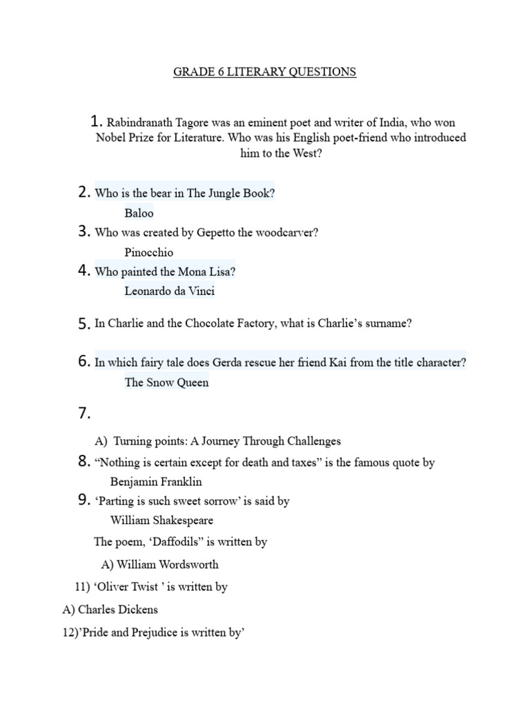 Grade 6 Literary Practice Questions | PDF