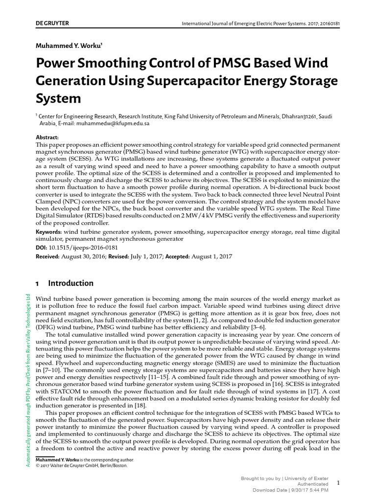 Power Smoothing Control of PMSG Based Wind Generation Using Supercapacitor ESS | PDF | Electric ...