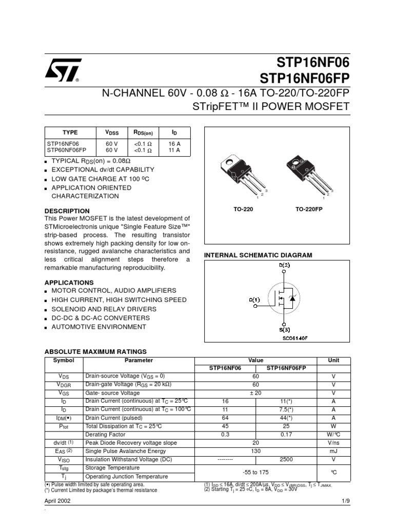 Fet 60NF06 | PDF | Field Effect Transistor | Mosfet
