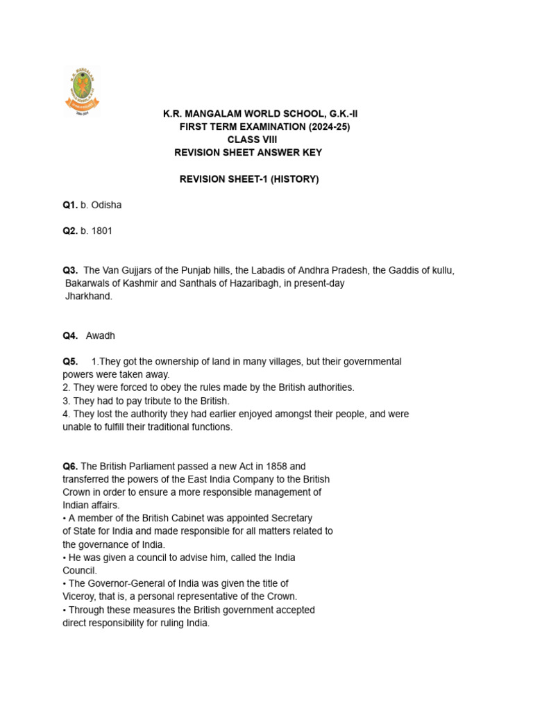 Class 8 Revision Sheet Answers | PDF