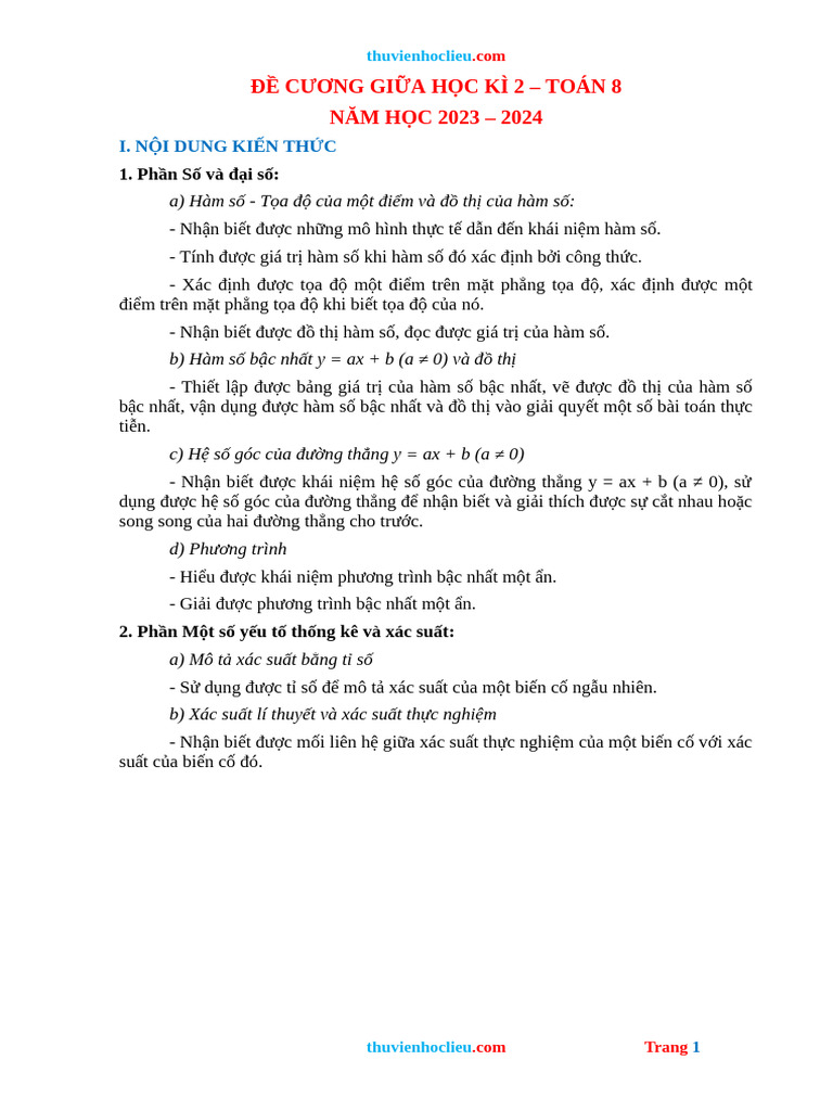 De Cuong On Tap Giua HK2 Toan 8 CTST Nam 23 24 | PDF