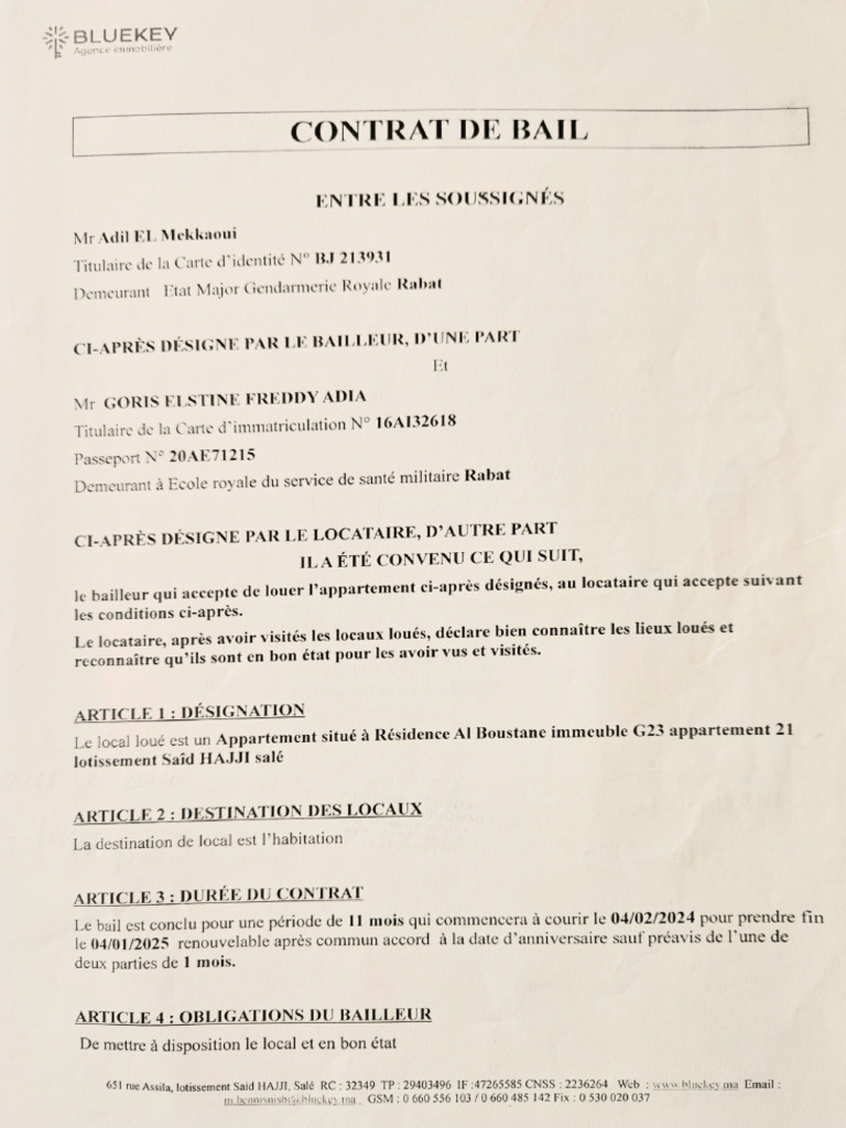 Recto Contrat de Bail | PDF