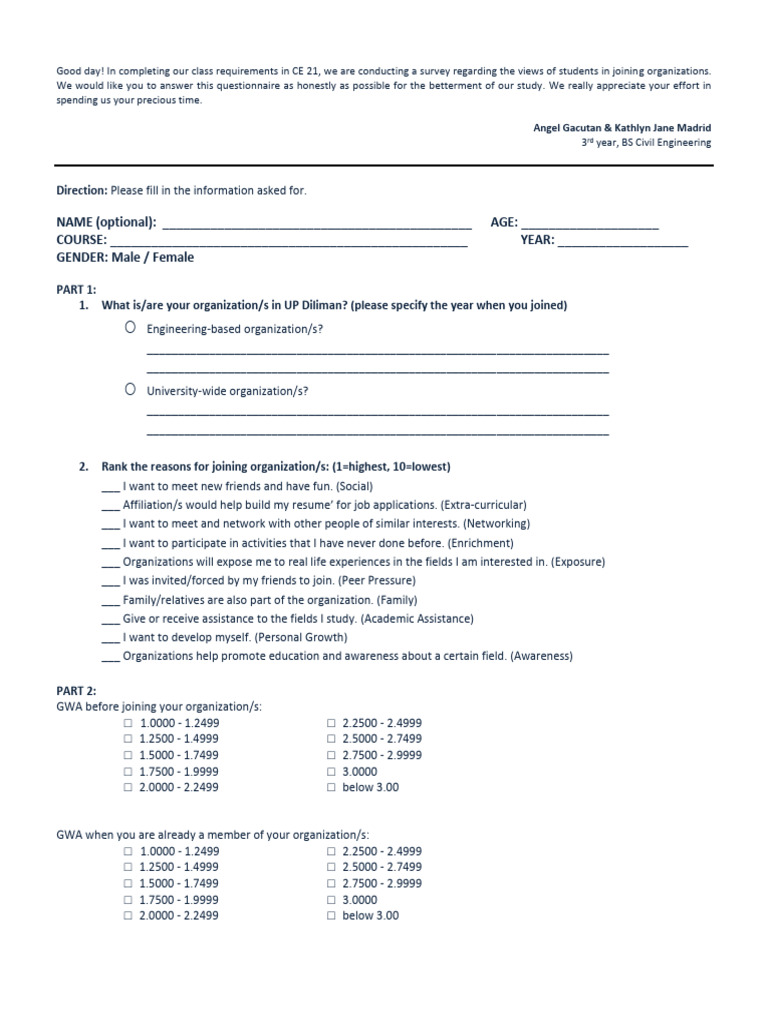 Questionnaire - Effect of Organization To The Academic & Welfare of ...