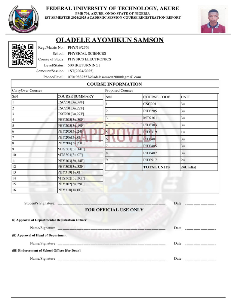 OLADELE AYOMIKUN SAMSON Course Registration | PDF