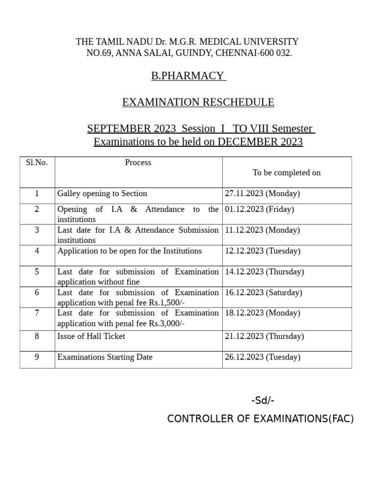 B.Pharmacy Exam Reschedule December 2023 | PDF