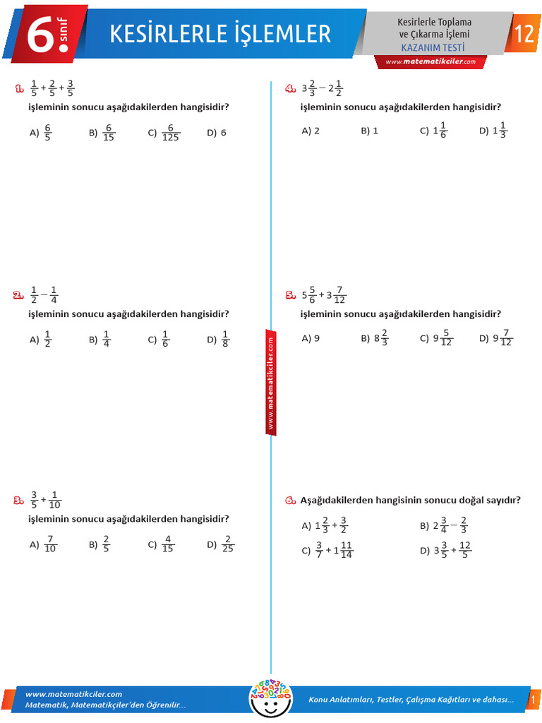6.12 - Kesirlerle Toplama Ve Çıkarma İşlemi Testi | PDF