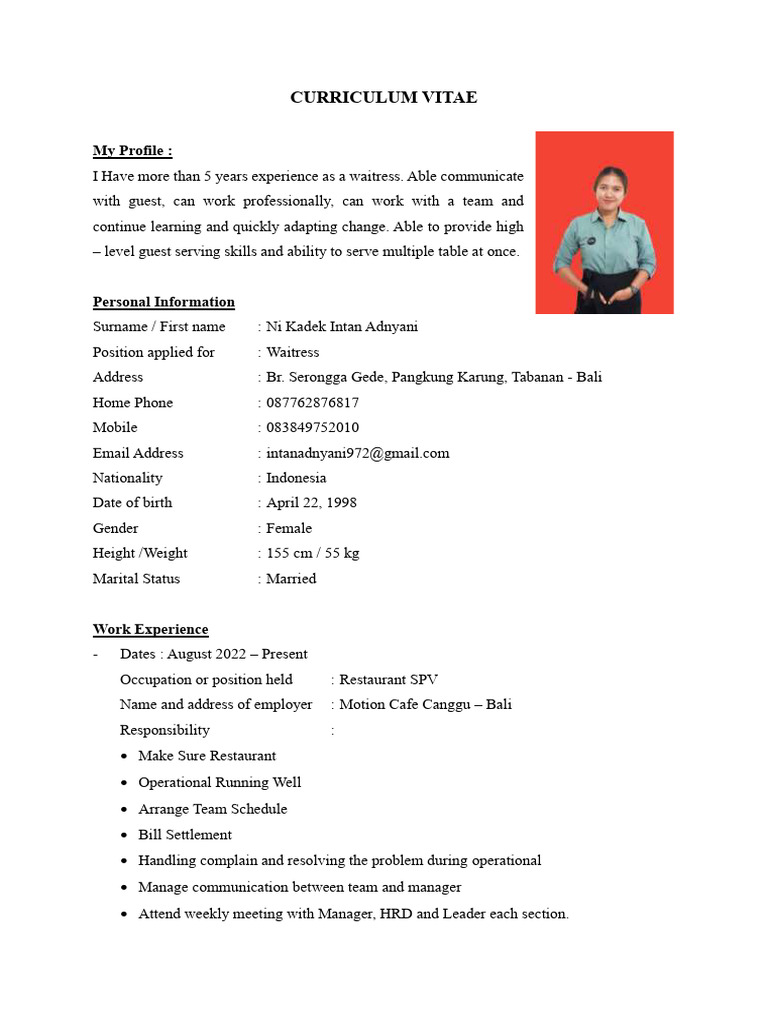 Waitress CV: Ni Kadek Intan Adnyani | PDF