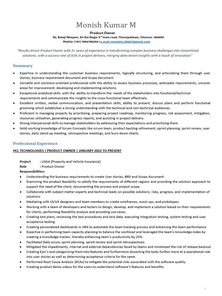 Product Owner Resume of Monish Kumar | PDF | Scrum (Software Development) | Business