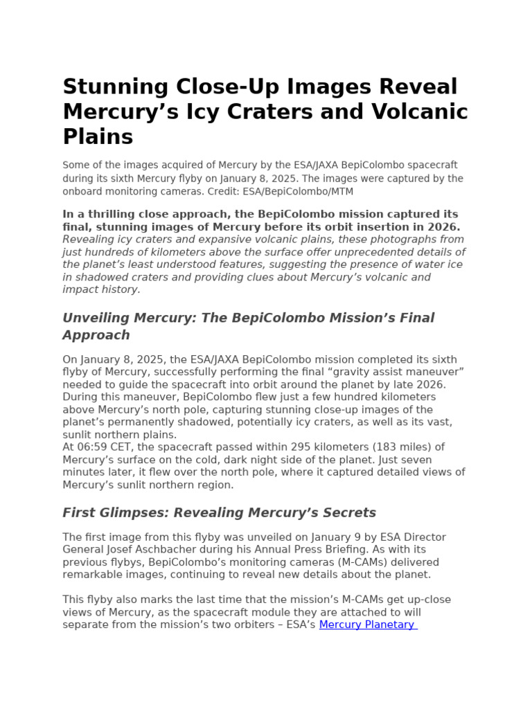 Stunning Close-Up Images Reveal Mercury's Icy Craters and Volcanic ...
