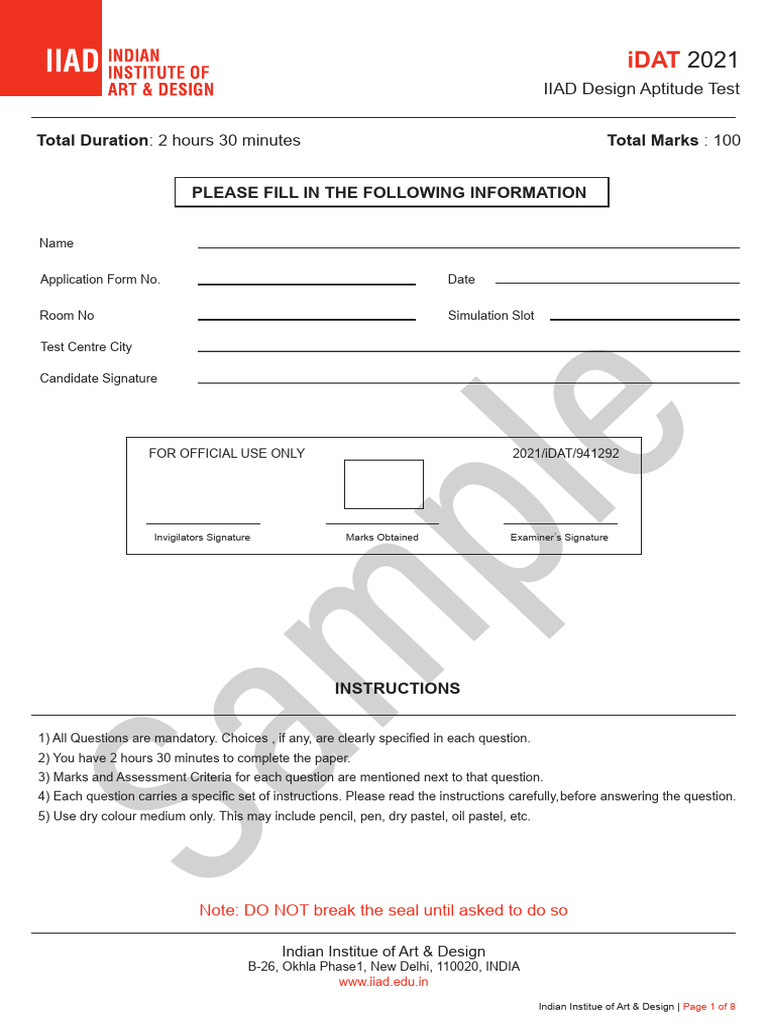 IDAT Sample Paper UG Design 2021 | PDF | Drawing