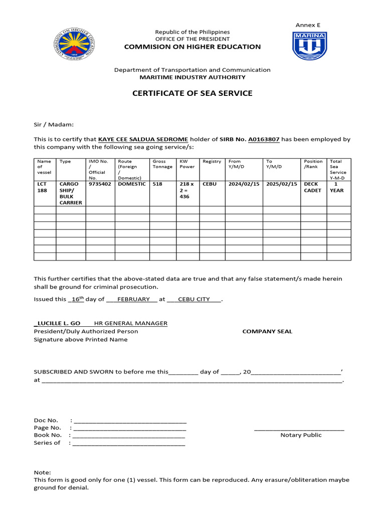 Sea Service Certificate for Mariners | PDF