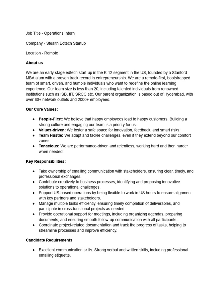 Operations_Intern_JD (1) | PDF | Startup Company | Small Business ...