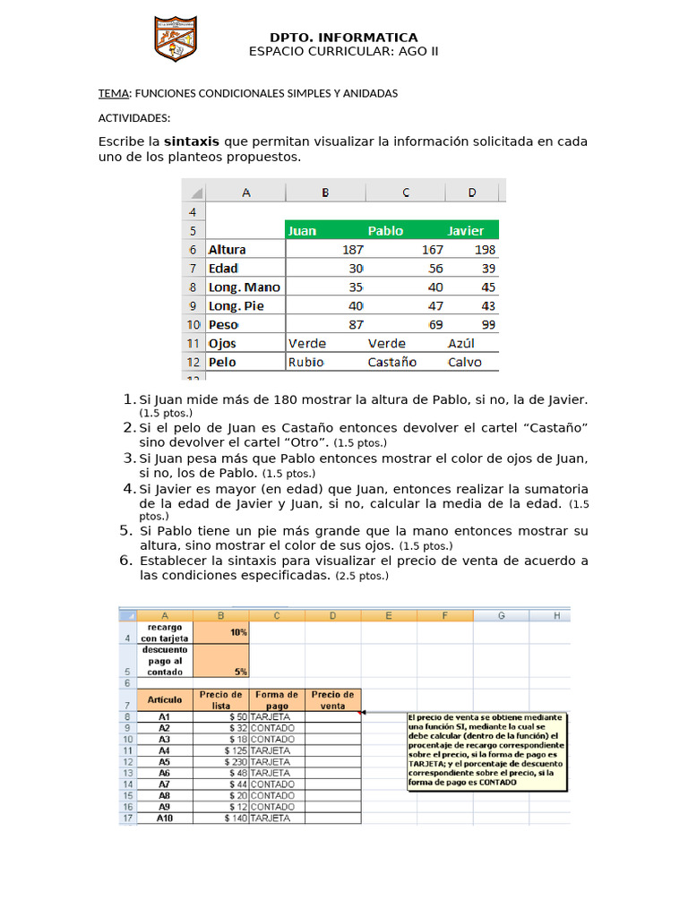 Examen Funciones Condicionales Simples y Anidadas Ago II | PDF