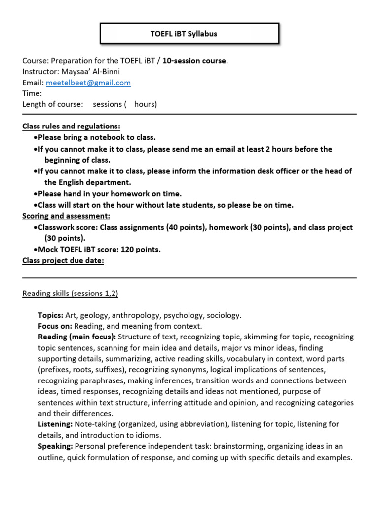 Tentative TOEFL iBT Syllabus (10-Session Course) | PDF | Question | Verb