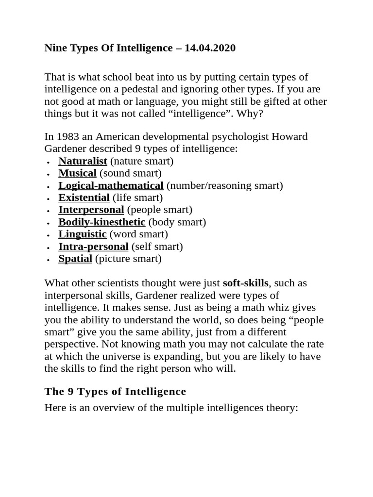 Nine Types of Intelligence | PDF | Intelligence | Thought