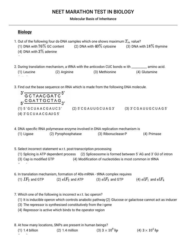 Neet Marathon Test in Biology | PDF | Translation (Biology) | Dna