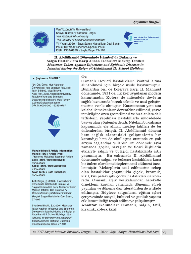 II. Abdülhami?d Dönemi?nde İstanbul'da Bulaşıcı Ve Salgın Hastalıklara Karşı Alınan Tedb?rler ...