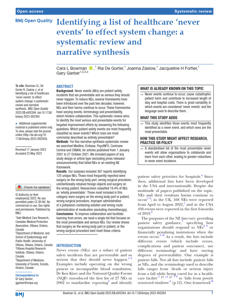 Identifying a list of healthcare never events | PDF | Patient Safety ...