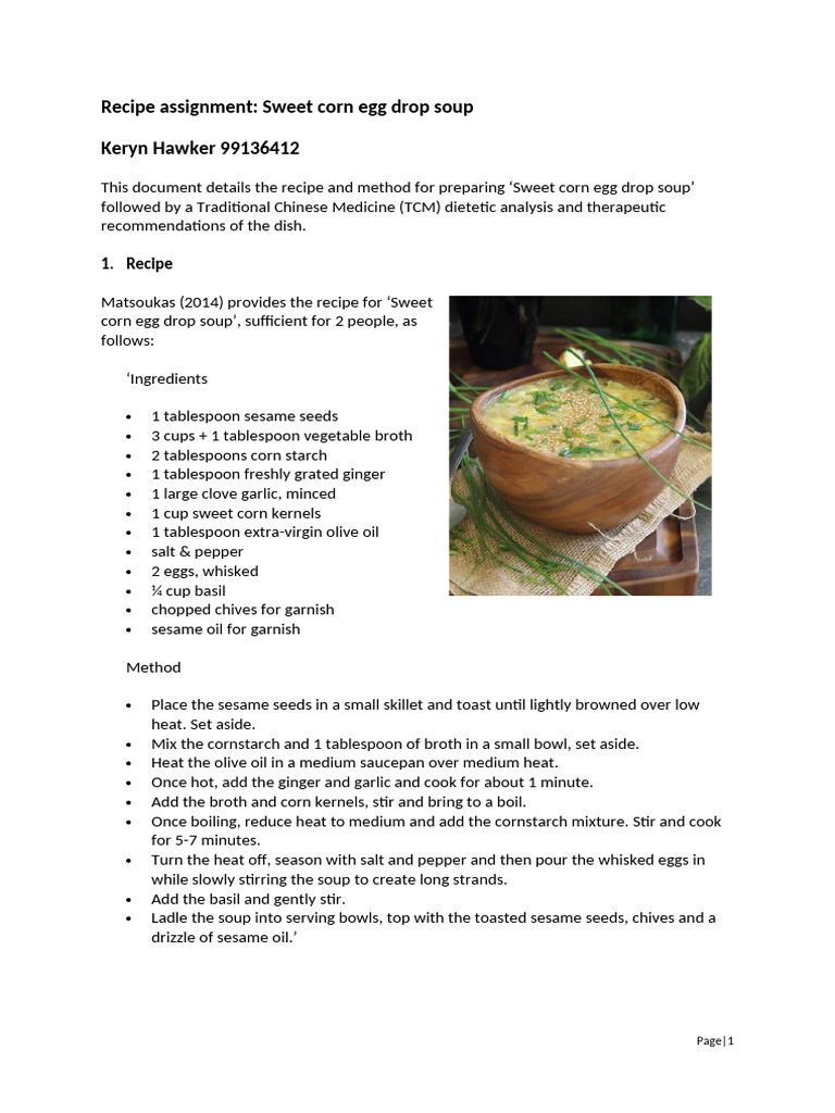 Corn Soup Recipe Assignment | PDF | Traditional Chinese Medicine | Soup