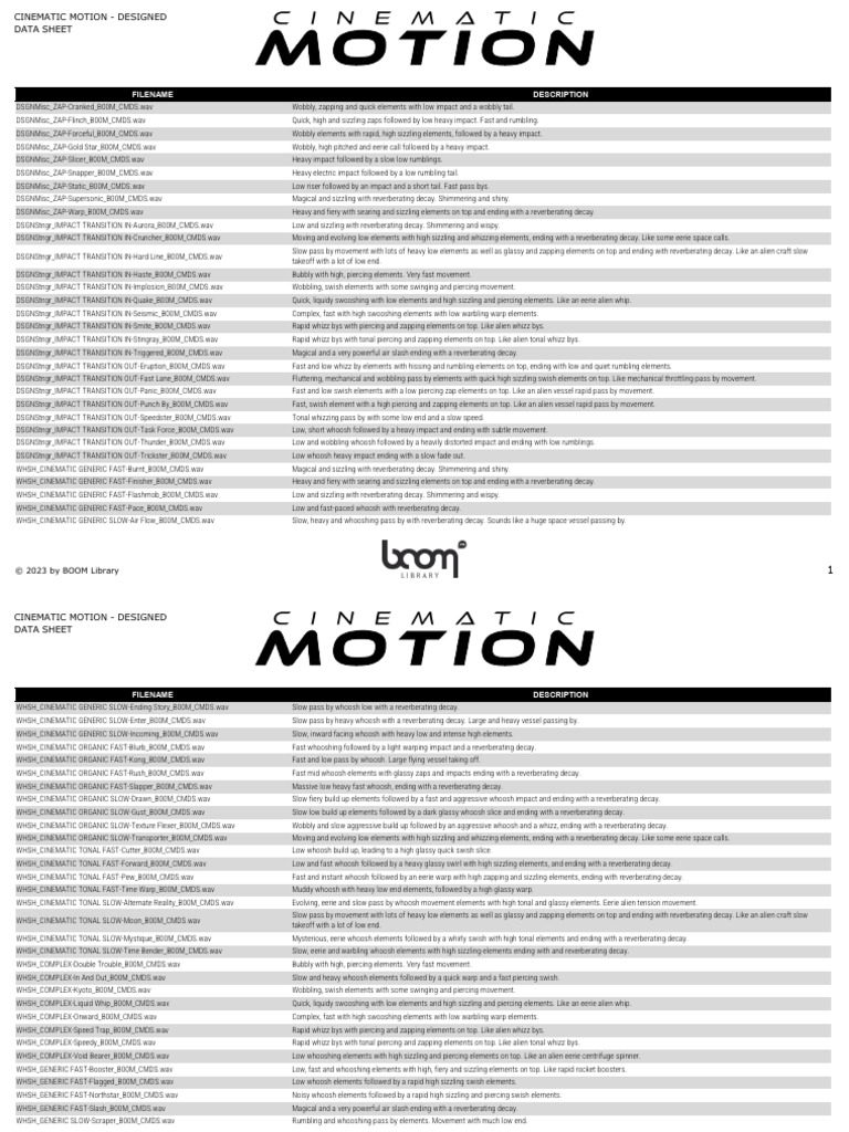 Cinematic Motion Sound Effects Data Sheet | PDF | Flight | Computer ...
