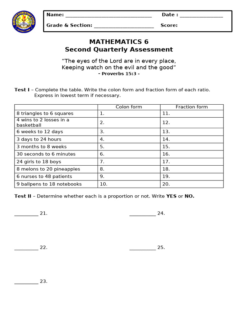 Mathematics 6 Q2 Assessment | PDF | Ratio | Arithmetic