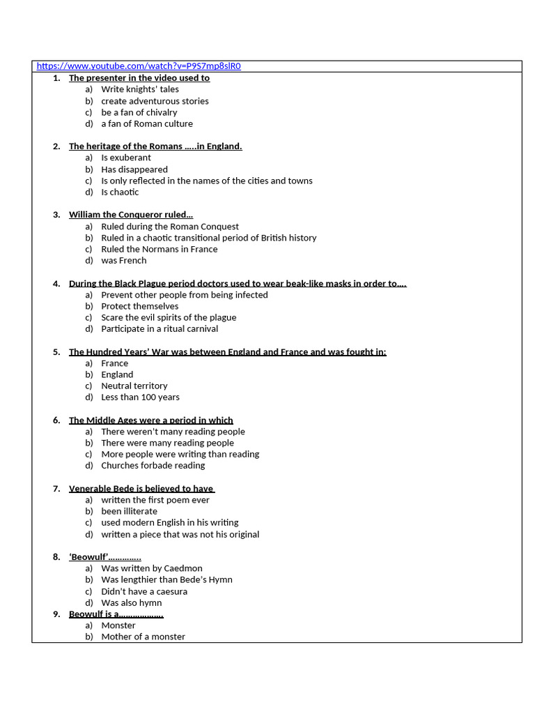 British Medieval Literatute - Video Test and Keys | PDF